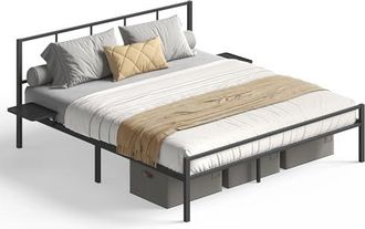 Vasagle Cadre de Lit 160 x 200 avec Sommier Métal, Cadre en Métal avec Étagères de Rangement, Tête de Lit, pour Adolescents, Montage Facile, Noir Mat RMB195B0