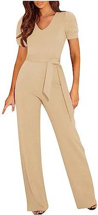 Generic Combinaison dété amincissante pour femme - Pantalon décontracté à manches courtes et jambes larges - Col en V - Barboteuse péplum - Couleur unie - Une