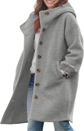 Generic Manteau dhiver long en laine &agrave; boutonnage simple pour femme, manteau dhiver &agrave; capuche surdimensionn&eacute; &agrave; capuche, gris, XXL