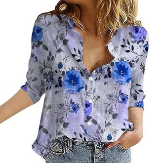 Generic Haut &agrave; manches longues &agrave; col en V pour femme - Chemisiers floraux &agrave; manches longues - Blouses et chemises de plage, hauts de vacances, hauts basiques 