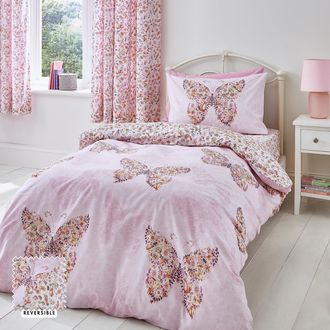 Catherine Lansfield Wende-Bettwäsche-Set mit Kissenbezug, für Einzelbett, Motiv: Enchanted Butterfly, Rosa