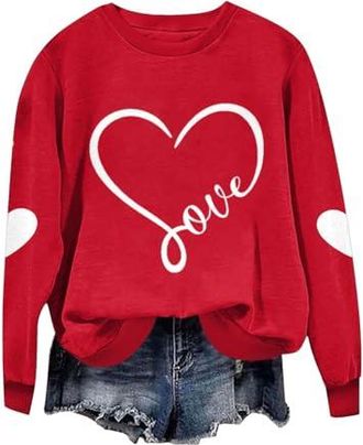 Generico Sweatshirt sans capuche pour femme, sweat &agrave; manches longues, t-shirt avec imprim&eacute; de la Saint-Valentin pour femme, pull &agrave; col rond, rouge, rouge, XXXL