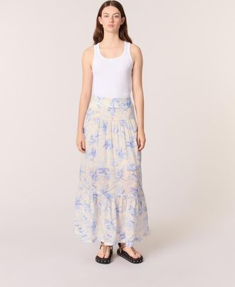 Maje Jupe Longue Imprim&eacute; Floral - Imprime Fleur Bleue Fond Ecru - Taille 34 - Maje