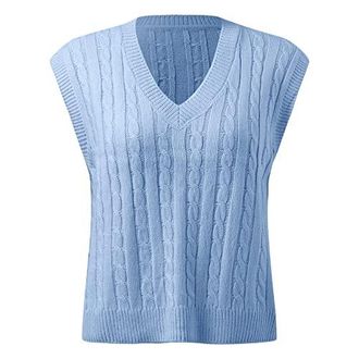 Generic Cardigan sans manches pour femme avec col en V et maille c&ocirc;tel&eacute;e, bleu, M