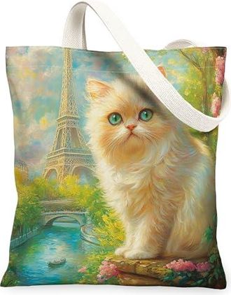 Generic Sac fourre-tout en toile avec chats persans &agrave; poils courts pour le shopping, 33 x 38,1 cm, tour romantique, sac d&eacute;picerie r&eacute;utilisable, sac &agrave; bandouli