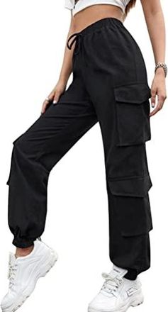 ORANDESIGNE Femme Pantalon Cargo Casual Gothique Punk Pantalon Danse Bas de Surv&ecirc;tement Hip Hop Noir Multi-Poches Streetwear I Noir M