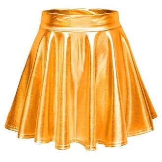 Generic Jupe métallique dorée, mini jupe scintillante, taille haute, extensible, brillante, mini jupe patineuse évasée tendance, polyvalente, basique, décontr
