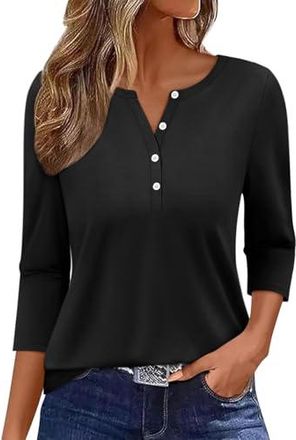 Onsoyours Tee Shirt Femme Manches 3/4 Col en V Boutonné T-Shirt Ete Décontracté Haut Basic Top A Noir XXL