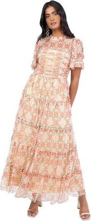 Anaya with Love Womens Midaxi Dress Ladies Recycled Short Sleeve High Neck Floral Sequin Embellished Tulle Tiered Frill Ruched A-Line, Multi, 56