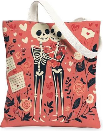 Generic Sac fourre-tout romantique en toile de Saint-Valentin pour faire du shopping 33 x 38,1 cm, motif squelette t&ecirc;te de mort couple amour sac d&eacute;picerie r&eacute;u