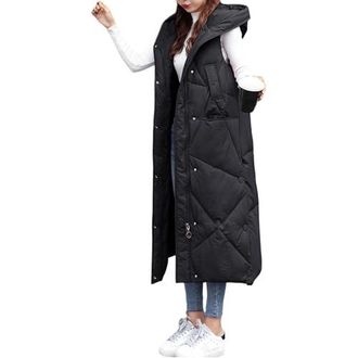 Generic Gilet long matelass&eacute; pour femme, automne hiver, avec capuche et fermeture &eacute;clair, sans manches, noir, taille XL