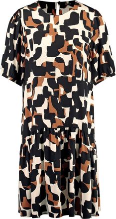 Taifun Damen Kleid mit Puff&auml;rmeln und Volant Puff&auml;rmel, halber Arm Gemustert knieumspielend Light Creme Gemustert 46