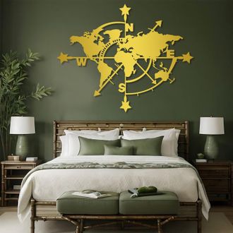 Generic Moderne minimalistische Metall-Wandkunst Weltkarte und Kompass, Karten-Wanddekoration, Kompass-Wanddekoration f&uuml;r Wohnzimmer, Schlafzimmer, B&uuml;ro (Gold