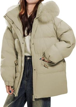 Generic Manteau dhiver matelass&eacute; pour femme - Parka chaude &agrave; capuche - V&ecirc;tement dext&eacute;rieur dhiver avec col en fausse fourrure, Gris/vert, XXL