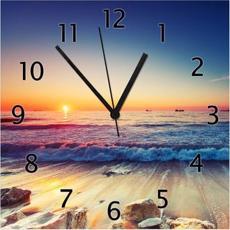 Wallario Design-Wanduhr Sonnenuntergang am Meer mit Wellen am Strand aus Glas, Motiv-Uhr Größe 30 x 30 cm, Schwarze Zeiger