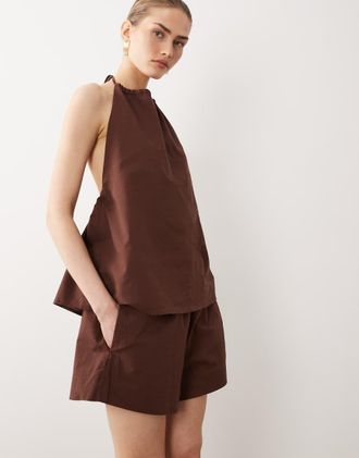 SNDYS Short densemble &agrave; enfiler en lin m&eacute;lang&eacute; - Chocolat-Brown