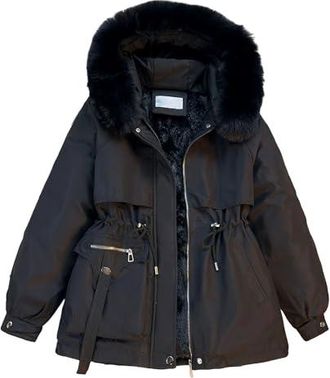 Generic Manteau dhiver &eacute;pais pour femme avec doublure en polaire chaude matelass&eacute;e imperm&eacute;able avec capuche en fausse fourrure, Noir, XXL