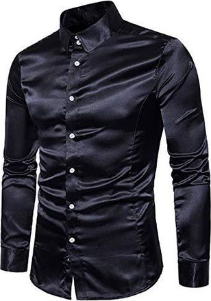 Generic Chemise brillante à manches longues pour homme, coupe classique, col rabattable, chemise légère en satin pour danse, fête, smoking, tendance, infroiss