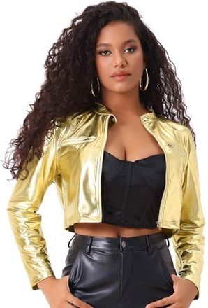 Allegra K Veste Courte M&eacute;tallique Femme &agrave; Col Montant et Manches Longues Manteau Court Zipp&eacute; Club Blouson de Motard &agrave; Paillette Costume dHalloween Or XS