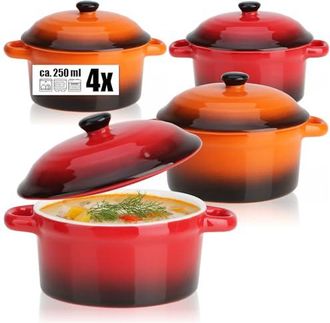 Com-Four 4x cocotte avec couvercle en céramique - bol à dessert pour par exemple Aileron de ragoût en orange et rouge, 250/175 ml par plat (4 pièces - orange. 