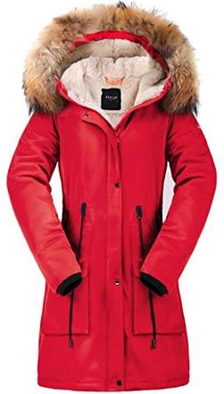Orolay Veste Dhiver Mi-Longue en Laine Dagneau à Capuche et Col Montant pour Femme Rouge XL