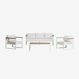 Sklum Gartenset mit 3-Sitzer-Sofa, 2 Sesseln und Couchtisch aus Aluminium und Lipov-Akazienholz Gardenia Wei&szlig; - Sklum