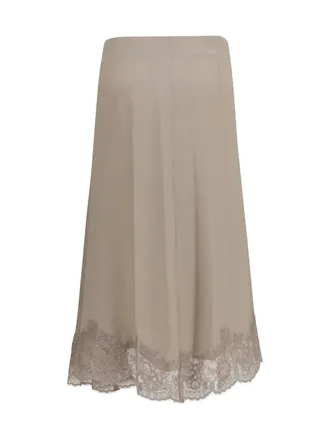 P.A.R.O.S.H. Womens Silk Blend Midi Skirt With Lace Hem Beige Acetate