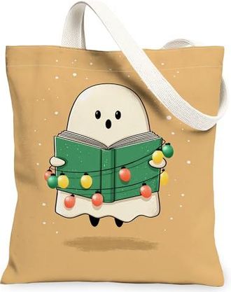 Generic Sac fourre-tout en toile motif fant&ocirc;me mignon, motif personnage dHalloween, sacs d&eacute;picerie r&eacute;utilisables, l&eacute;gers et lavables avec bandouli&egrave;re, beige, 