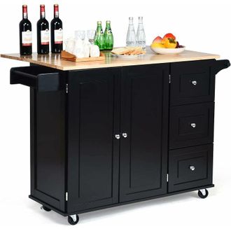 Costway Desserte sur Roulettes Service de Cuisine de Roulant avec Plans de Travail Rabattable en Bois Armoire de Rangement Noir - Costway