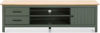 PEGANE Pegane - Meuble TV en pin massif ch&ecirc;ne vert - Longueur 158 cm, profondeur 40 cm, hauteur 47 cm - 1 porte, 2 niches, 2 tiroirs