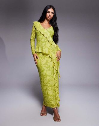 Asos Robe longue volantée en dévoré avec manches longues - Vert
