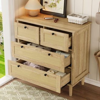 STILVORA Commode avec 4 Tiroirs en Rattan et Poign&eacute;es Noires, Pieds en Bois Massif, Style Minimaliste, en Panneaux, 80&times;40&times;80 cm, Naturel