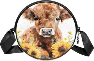 Generic Sac &agrave; bandouli&egrave;re rond pour femme, motif vache et tournesol avec fermeture &eacute;clair et bretelles r&eacute;glables