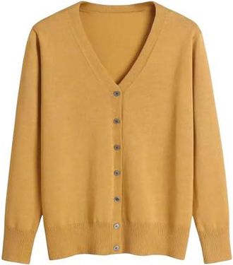 Generic Cardigan en tricot &agrave; col en V pour femme avec bordure c&ocirc;tel&eacute;e &agrave; manches longues simple boutonnage &eacute;l&eacute;gant, jaune fonc&eacute;, Taille XL