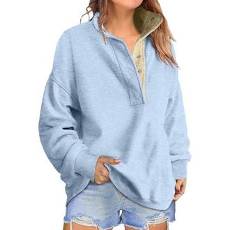 Generic Sweat-shirt d&eacute;contract&eacute; &agrave; boutons pour femme, pull surdimensionn&eacute; &agrave; manches longues, coupe ample, haut dautomne doux, bleu clair, 3XL