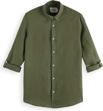 Scotch & Soda Mens Seasonal core-Regular fit Linen Shirt, Army, Small