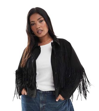 Only Cropped Jacke aus schwarzem Wildlederimitat mit Fransen-Detail