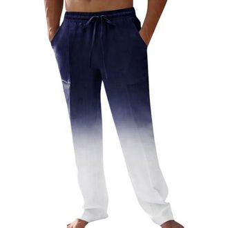 Generic Pantalon baggy en coton et lin pour homme, d&eacute;contract&eacute; et tendance, couleur unie, d&eacute;grad&eacute; de couleur, pantalon de plage ample en lin, pantalon de plag