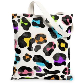 Generic Sacs fourre-tout en toile imprimé léopard, sacs dépicerie réutilisables, légers et lavables avec bandoulière en toile F, multicolore, 13x15 Inch