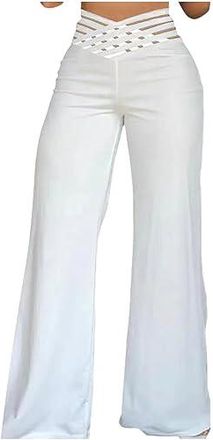 Generic Pantalon Palazzo Femme Grande Taille- Pantalon Taille Haute évasé,Pantalon Fluide Creuse Couleur Unie Coupe Slim Pantalon Décontractés à La Mode Chic 