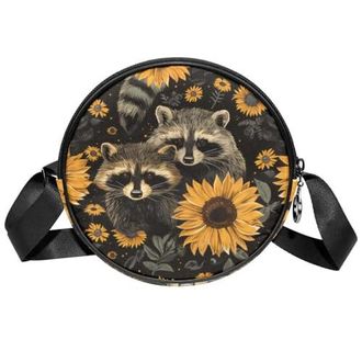 Generic Petit sac &agrave; bandouli&egrave;re circulaire pour femme, motif tournesol raton laveur avec fermeture &eacute;clair, bretelles r&eacute;glables, sac &agrave; main rond d&eacute;contract&eacute; po