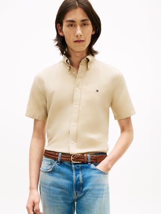 Tommy Hilfiger Kurzarmhemd TOMMY HILFIGER LINEN BLEND SOLID, Herren, Gr. XL, N-Gr, sandalwood, Web, Obermaterial: 52% Baumwolle, 48% Leinen, regular fit normal, Hemd
