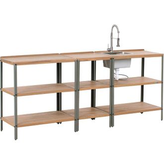 Beliani Outdoor-K&uuml;che 3er Set mit Sp&uuml;le IVREA zertifiziertes Akazienholz Braun / Silber