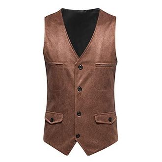 Generic Gilet de cowboy en cuir pour homme, gilet de costume pour homme, gilet multi-poches, col en V, veste sans manches &agrave; simple boutonnage, gilet d&eacute;contrac
