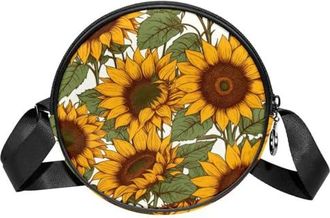 Generic Petit sac &agrave; bandouli&egrave;re rond pour femme, motif tournesol avec fermeture &eacute;clair, bretelles r&eacute;glables, style d&eacute;contract&eacute;, pour femmes et filles