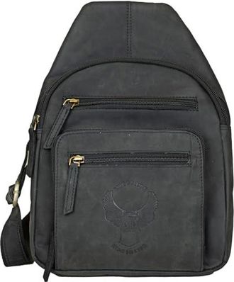 MDM Sac à dos à bandoulière pour homme en cuir véritable - Petit sac à bandoulière vintage pour les loisirs, gaufrage aigle, Noir, Mittelgroße