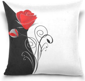 HMZXZ Kissenbezug 40x40cm Schwarz Weiß Blumen- rot Roses Dekorative quadratische Kissenbezüge Kissenhüller für Couch Sofa Schlafzimmer Wohnzimmer