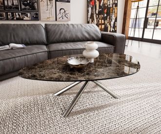 DELIFE Couchtisch Edge Organisch 140x76 cm Keramik Emperador Extra Lucidato Dunkelbraun Sarity Edelstahl geb&uuml;rstet, Couchtische