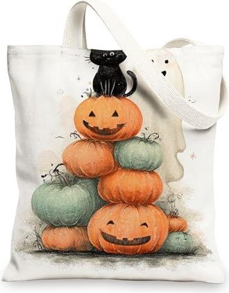 Generic Sacs fourre-tout en toile dHalloween, motif citrouille, chat, fantôme, sacs dépicerie, réutilisables, légers et lavables avec bandoulière en toile, bl