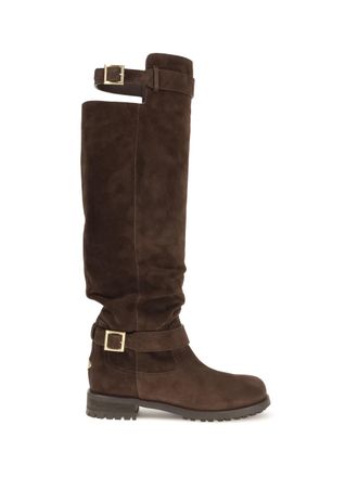 Jimmy Choo London Womens Boots Knee-High Biker Chocolate Calf Leather
